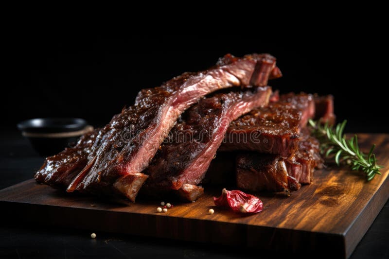 Bbq Beef Ribs on a Black Tabletop with a Glossy Sheen Stock ...