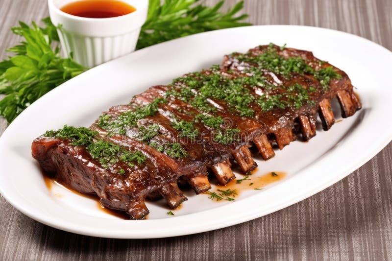 Bbq Beef Ribs with Tangy Sauce and Herbs on a White Platter Stock Image ...