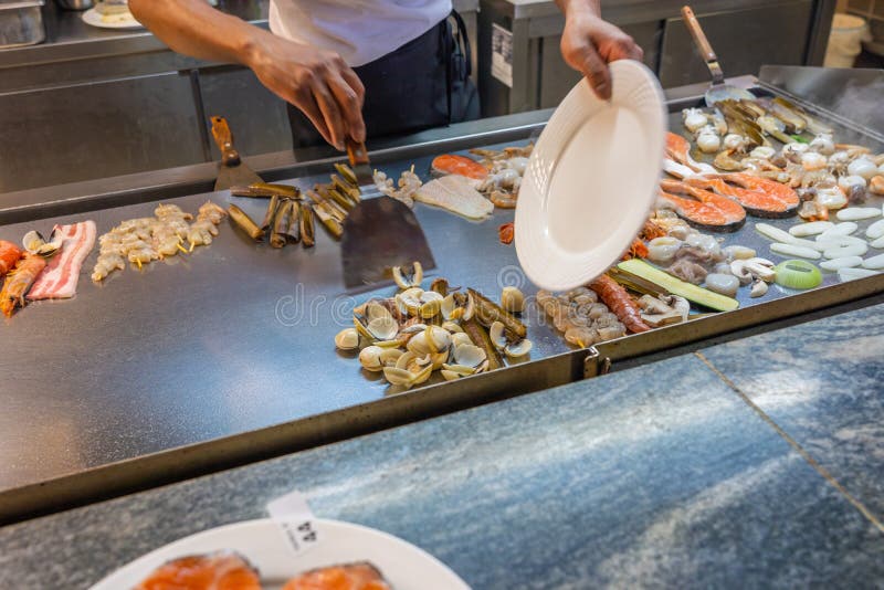 BBQ Buffet Chef Grilling Assorted Seafood on Big Pan Stock Photo ...