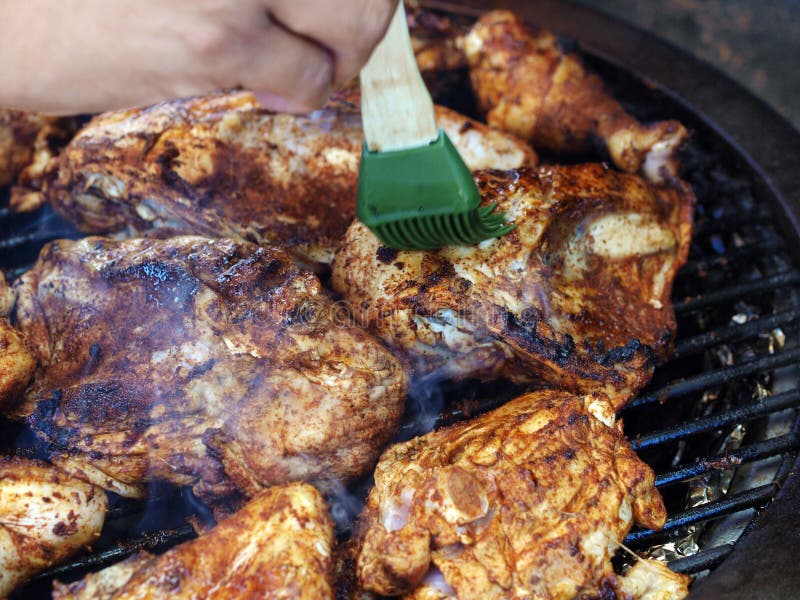 BBQ Chicken Being Brushed on the Grill Stock Image - Image of meat ...