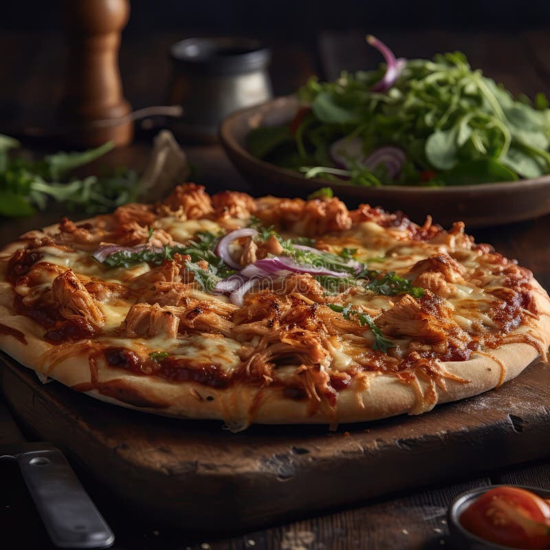 Bbq Chicken Pizza on Stone in Rustic Pub. Generative AI Stock ...