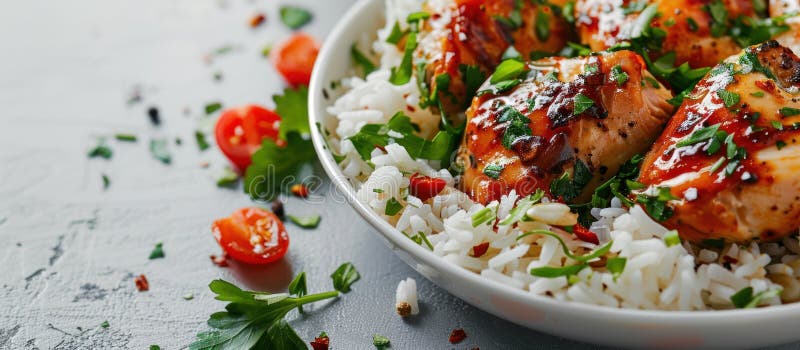 Bbq Chicken with Rice and Tomatoes in a White Bowl Stock Photo - Image ...