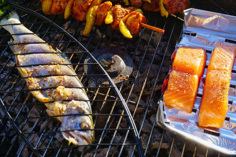 BBQ Chicken Skewer and Fish Stock Image - Image of roast, roasted ...