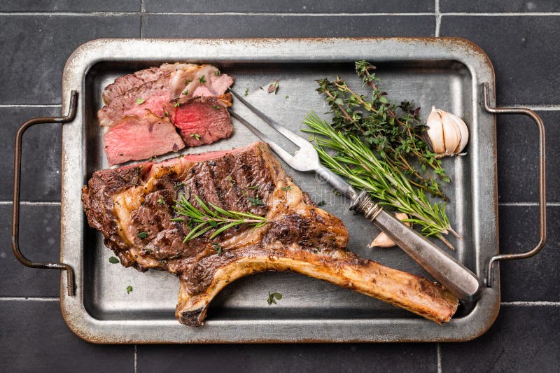 BBQ Cooked Tomahawk Beef Steak, Prime Ribeye with Bone on Tray with ...