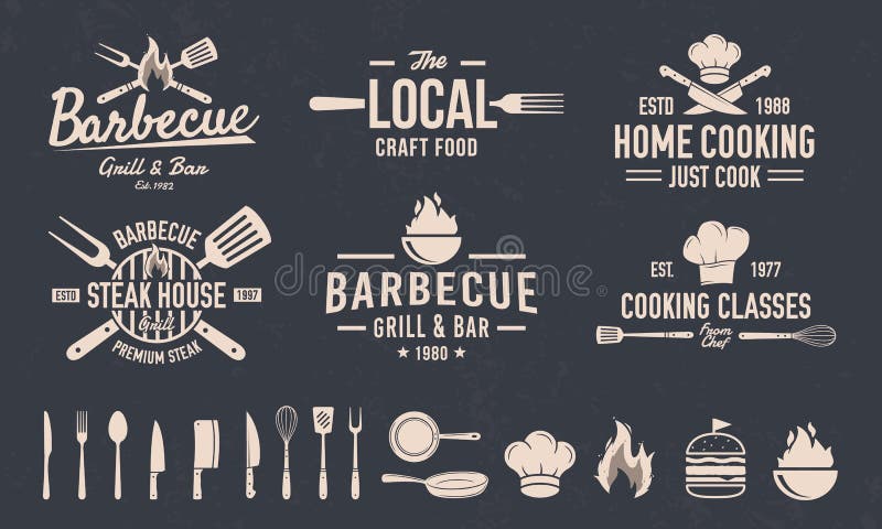 BBQ and Cooking Class Emblem Set. Stock Vector - Illustration of fire ...