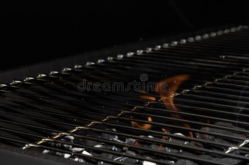 BBQ Fire and Grill with Flames Close Up before Cooking on Charcoal ...