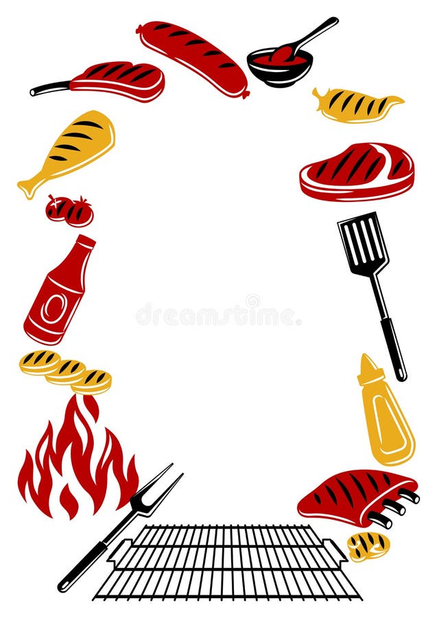 Bbq Frame with Grill Objects and Icons. Stylized Kitchen and Restaurant ...