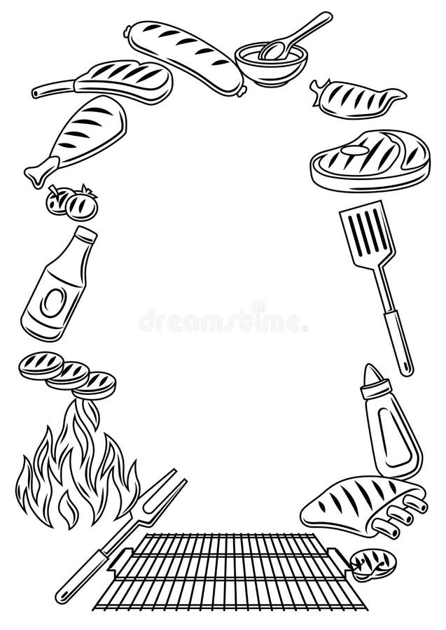 Bbq Frame with Grill Objects and Icons. Stylized Kitchen and Restaurant ...