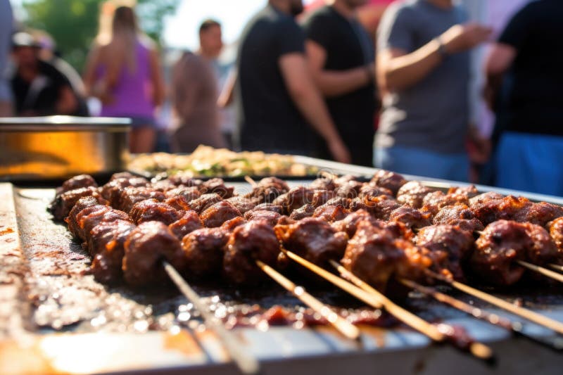 Bbq Full of Meatball Skewers, Crowd Waits in Background Stock Photo ...