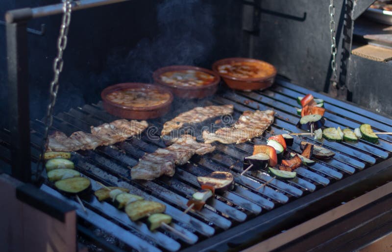 BBQ Grill with Bacon, Vegetables and Bowls with Provolone Cheese Stock ...