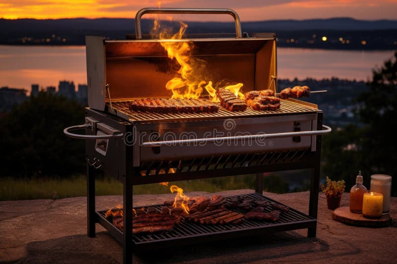Bbq Grill with Flames and Smoky Atmosphere at Sunset Stock Illustration ...