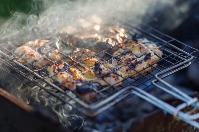 Bbq grill with fried meat stock image. Image of appetizing - 97450653