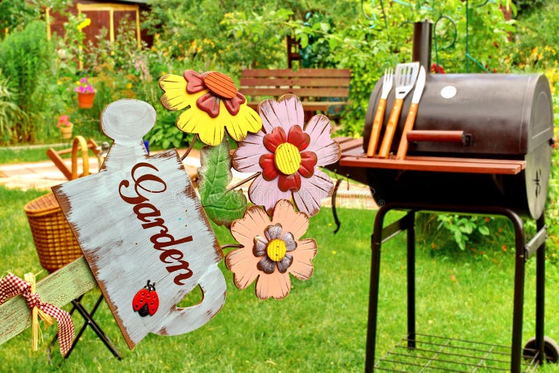BBQ Grill and GARDEN Sign in the Backyard Stock Photo - Image of ...