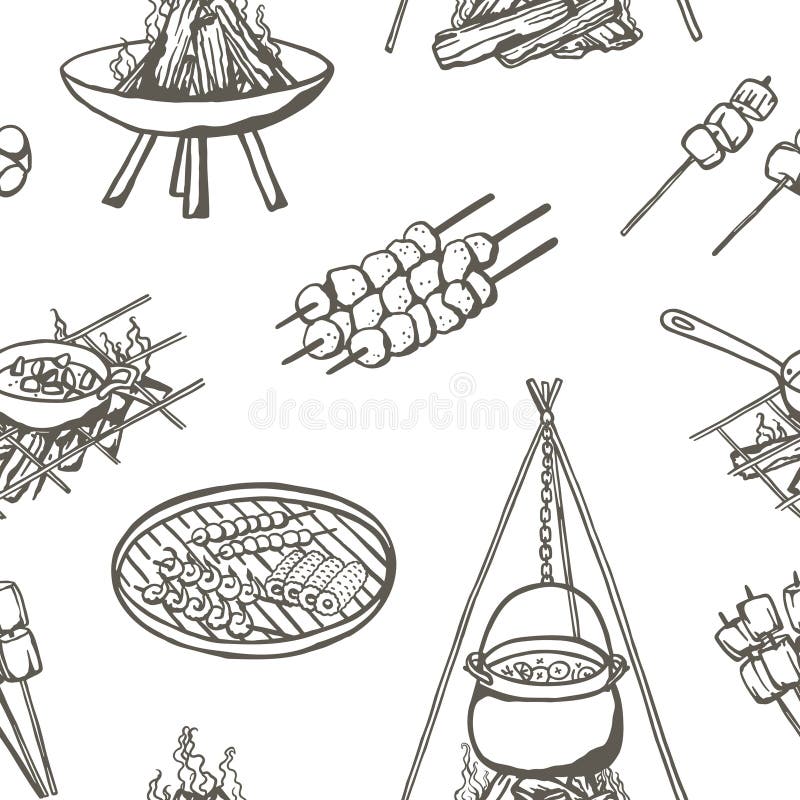 Bbq Grill Hand Drawn Seamless Pattern Stock Vector - Illustration of ...