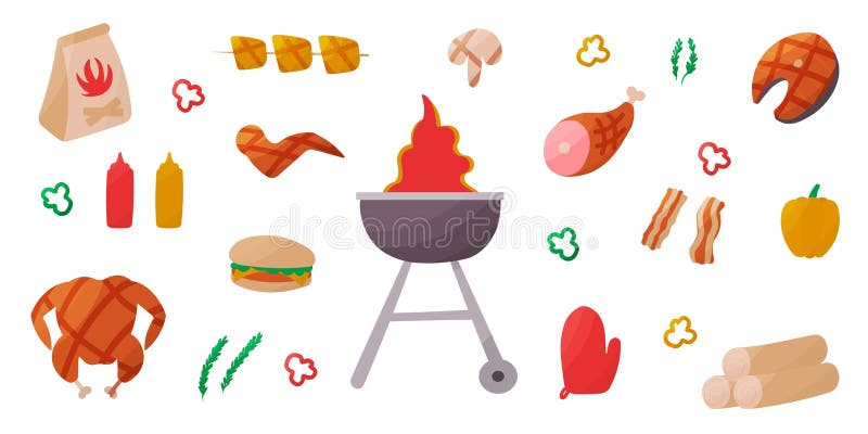 Bbq Grill Party Cook Summer Elements Set Stock Vector - Illustration of ...