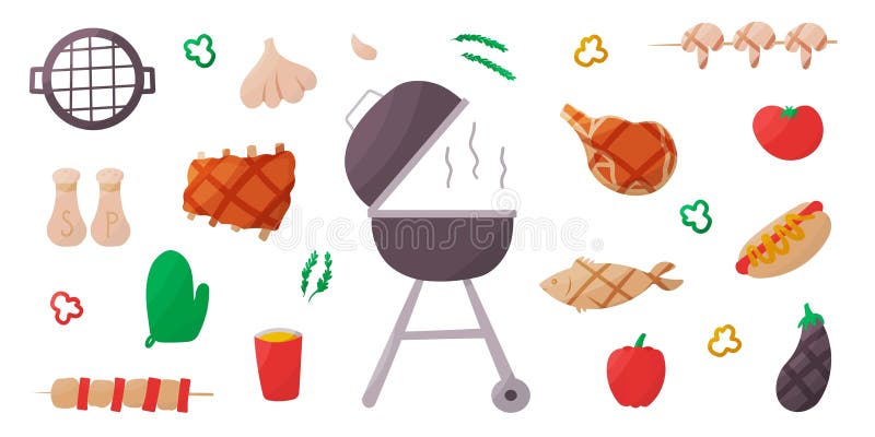 Bbq Grill Party Cook Summer Elements Set Stock Vector - Illustration of ...