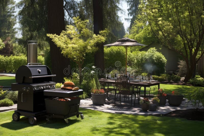 Bbq Grill Setup in a Backyard or Park Setting Stock Illustration ...