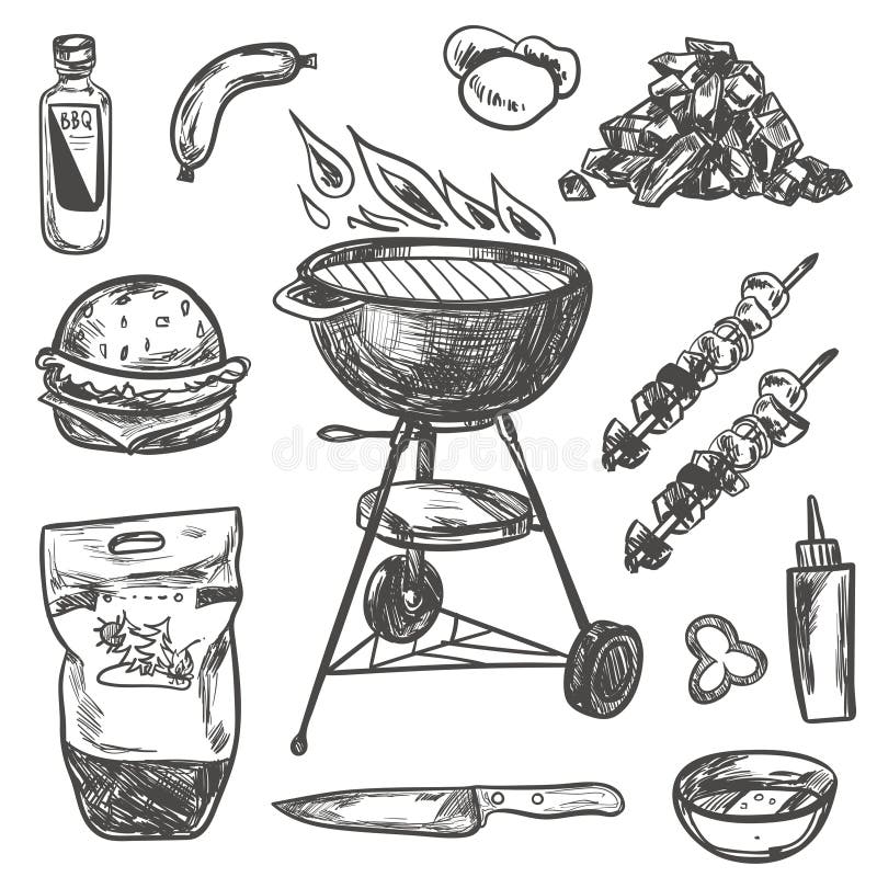 Bbq Grill Sketch Set Hand Drawn Stock Vector - Illustration of fork ...