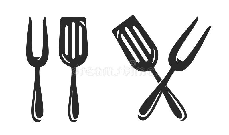 Bbq or Grill Tools Icons, Fork and Spatula Vector Illustration Stock ...