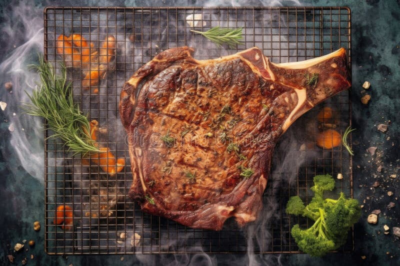 Bbq Grill Top View with T-bone Steak and Smoke Stock Illustration ...