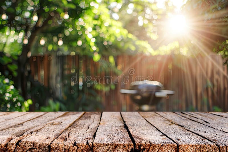 BBQ Grill in the Yard Background with Empty Wooden Table Stock ...