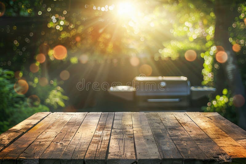 BBQ Grill in the Yard Background with Empty Wooden Table Stock ...