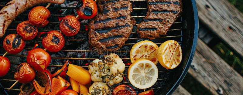 BBQ with Grilled Food, Top View Banner. Stock Illustration ...