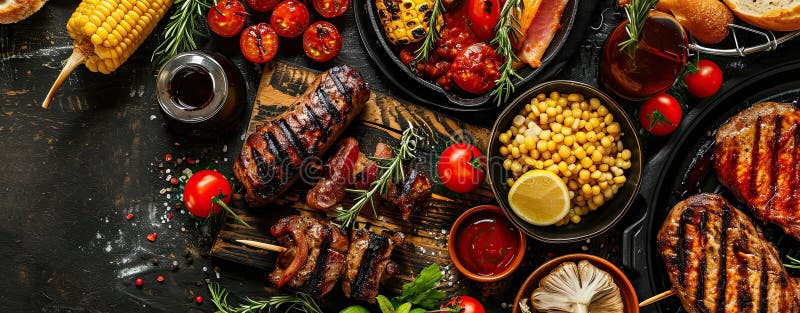 BBQ with Grilled Food, Top View Banner. Stock Photo - Image of steak ...