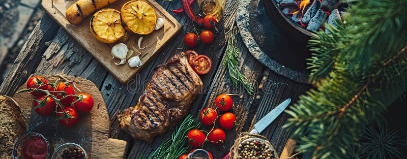 BBQ with Grilled Food, Top View Banner. Stock Image - Image of coal ...
