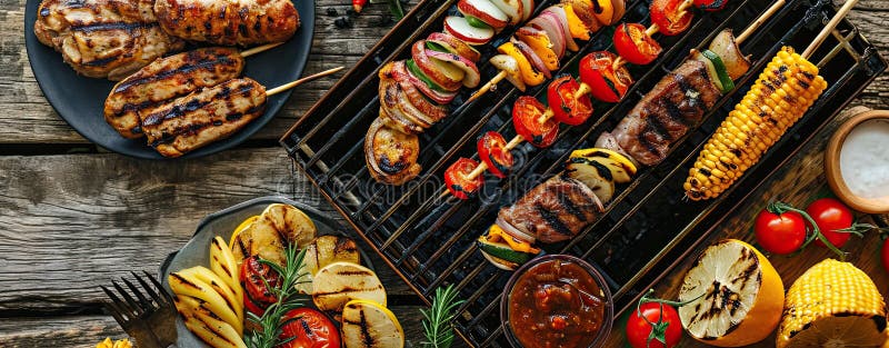 BBQ with Grilled Food, Top View Banner. Stock Image - Image of spice ...