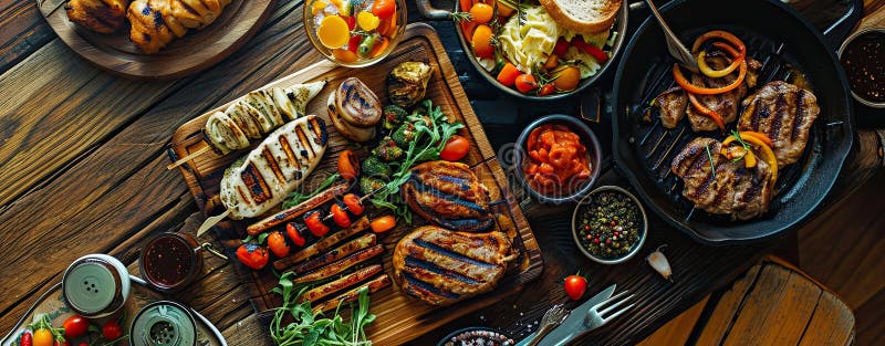 BBQ with Grilled Food, Top View Banner. Stock Image - Image of spice ...