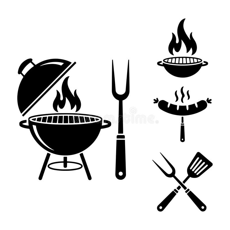 BBQ and Grilling Icon Set or Black Silhouette Barbecue Tools Vector on White Background Stock ...