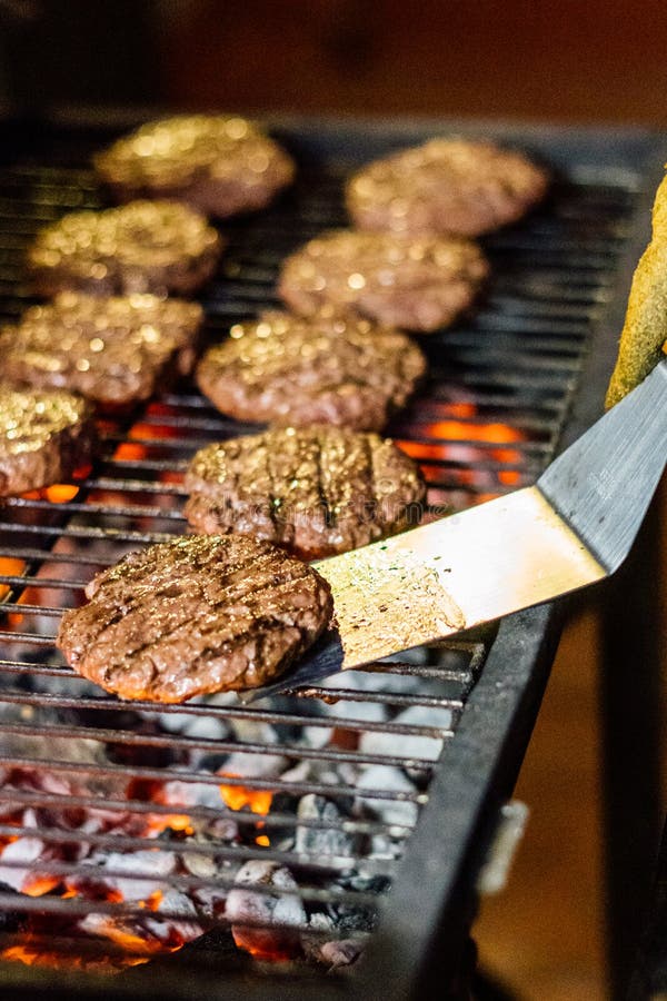 BBQ Hamburger Grill at Night in the Garden Stock Image - Image of ...
