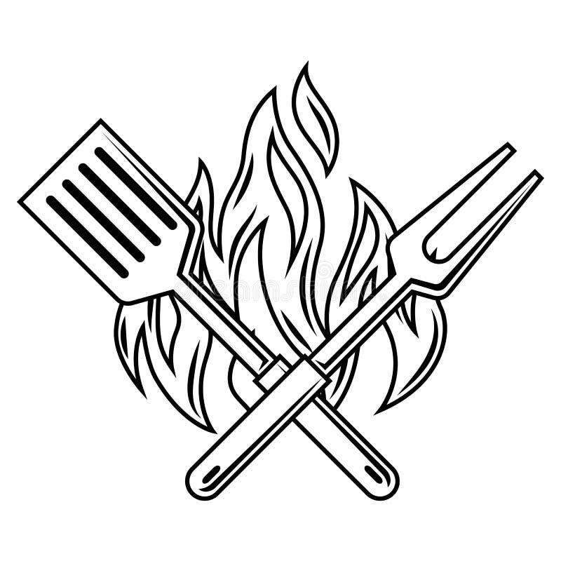 Bbq Illustration with Fire, Spatula and Fork. Stylized Kitchen and ...