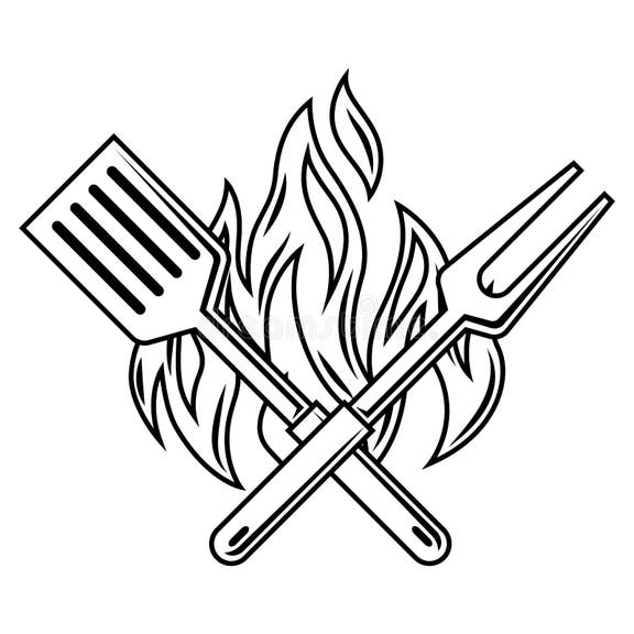 Bbq Illustration with Fire, Spatula and Fork. Stylized Kitchen and ...