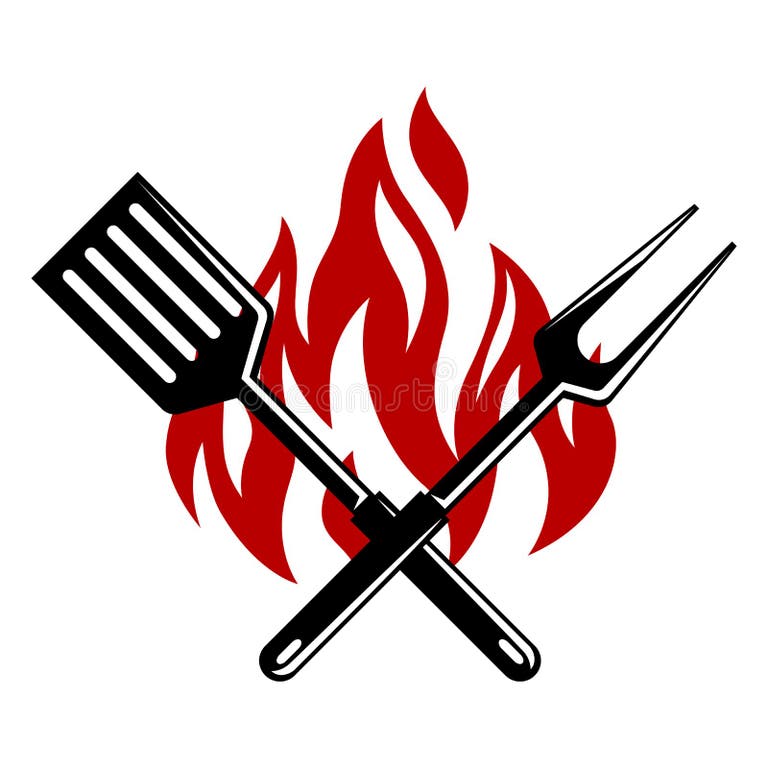 Bbq Illustration with Fire, Spatula and Fork. Stylized Kitchen and ...