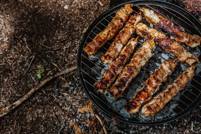 Bbq Meat on Charcoal Grill Top View Stock Image - Image of backyard ...