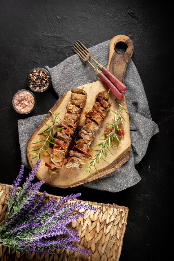 Bbq meat on wooden skewers stock image. Image of skewer - 210045087