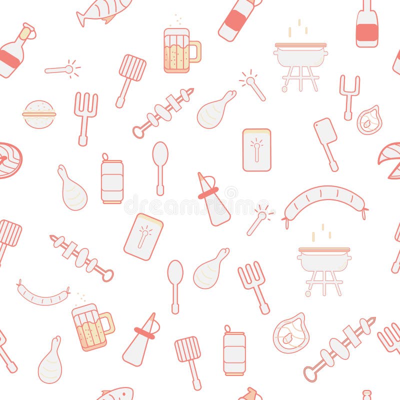 BBQ Party Seamless Pattern with Meat, Steak. Sausage Line Art Vector ...