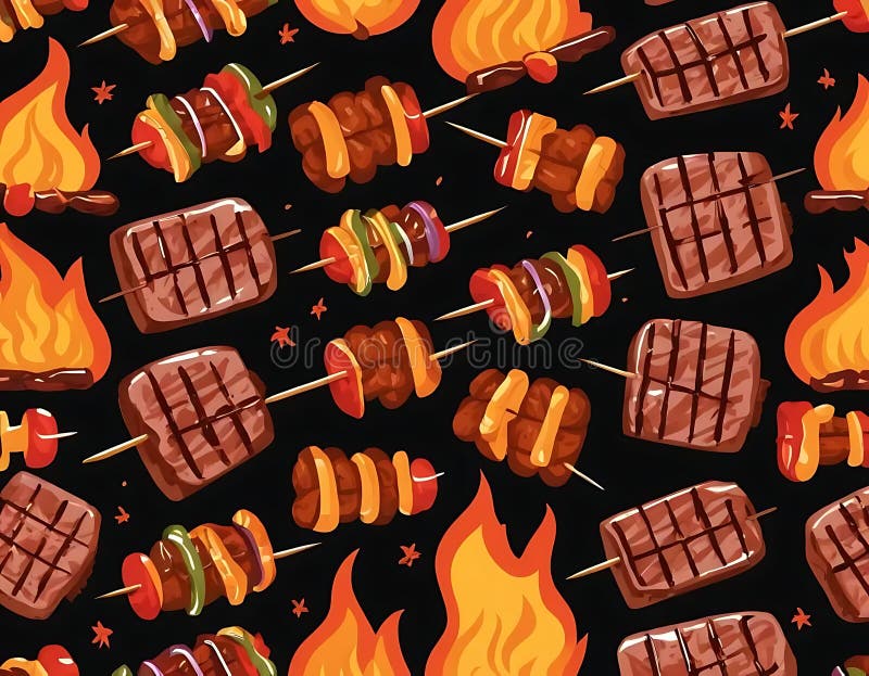 BBQ Pattern with Grilled Meat, Skewers, and Flames Stock Illustration ...