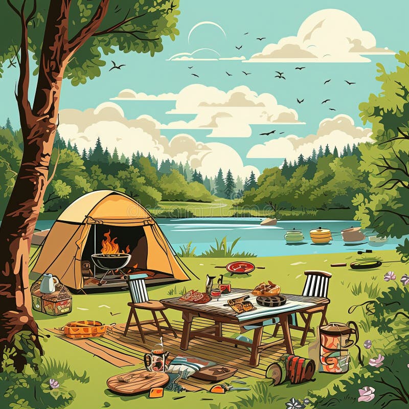 Barbecue Picnic Party in a Garden Vector Art Stock Illustration ...