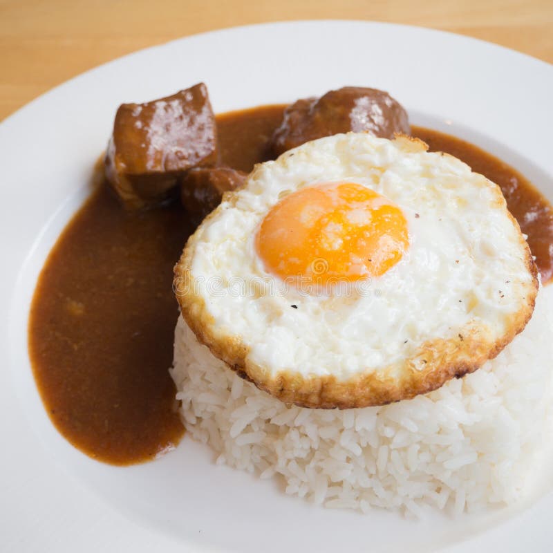 Bbq pork and egg with rice stock photo. Image of photograph - 68929896