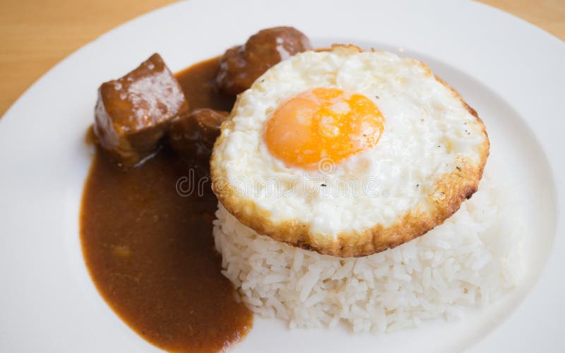 Bbq pork and egg with rice stock photo. Image of recipe - 70447072