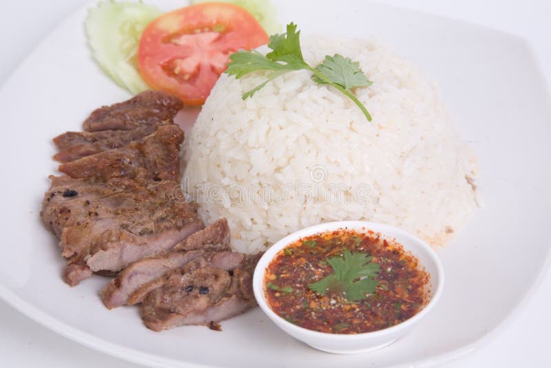 BBQ Pork Grill on Rice in Plate Stock Photo - Image of restaurant ...