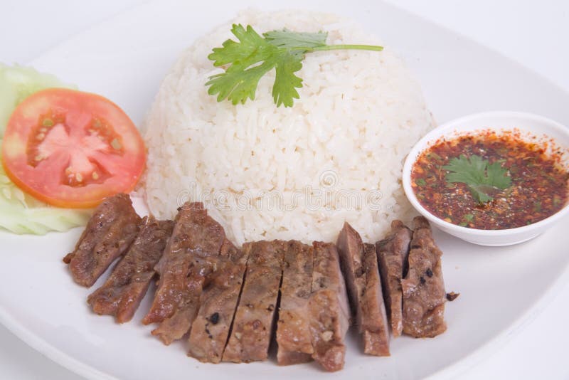 BBQ Pork Grill on Rice in Plate Stock Image - Image of sticky, served ...