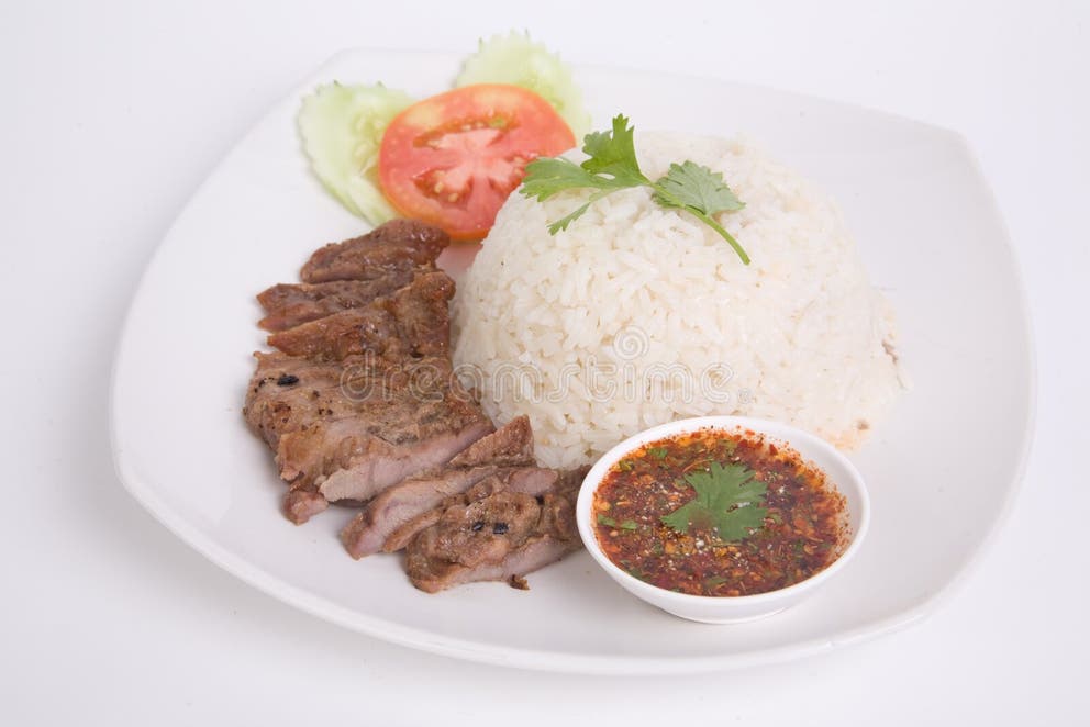 BBQ Pork Grill on Rice in Plate Stock Image - Image of vegetable ...