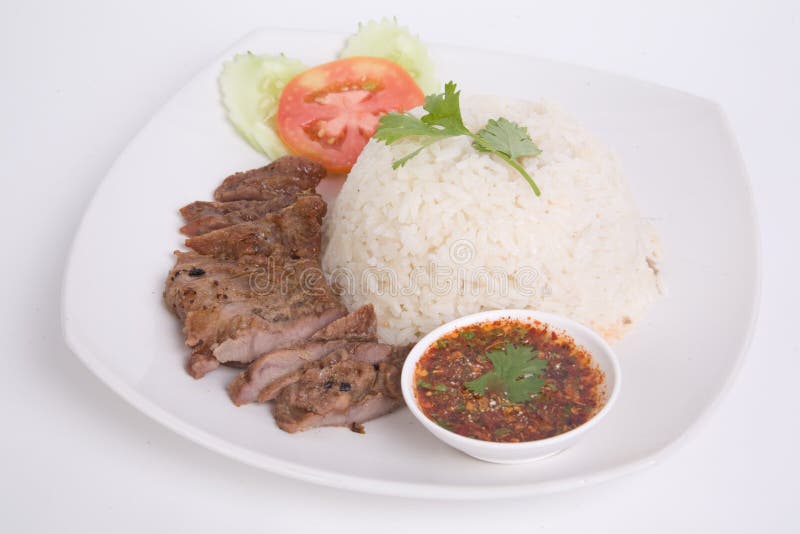 BBQ Pork Grill on Rice in Plate Stock Photo - Image of asian, sauce ...