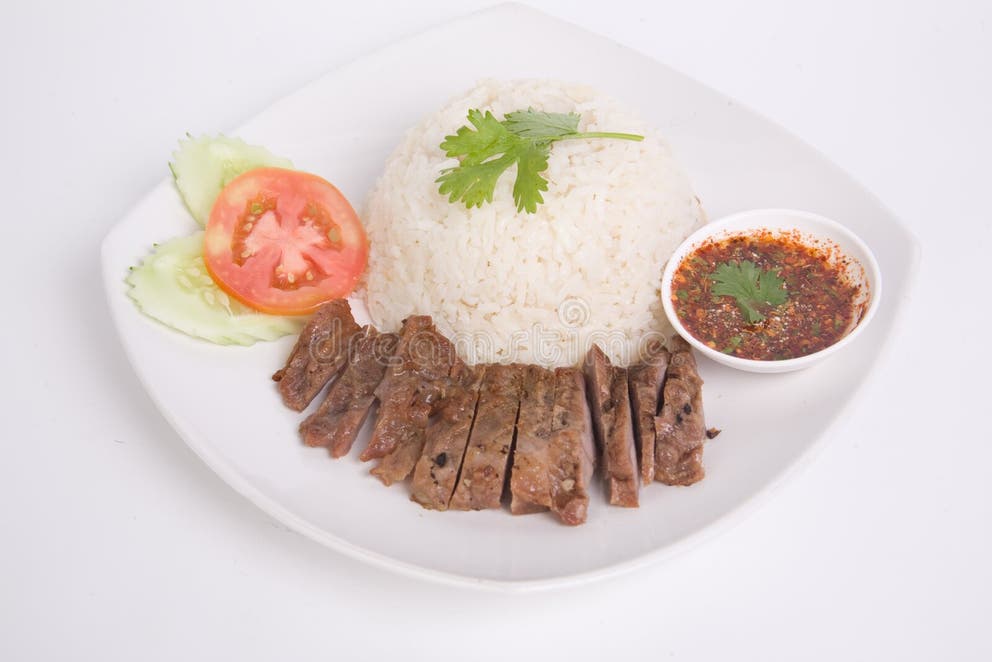 BBQ Pork Grill on Rice in Plate Stock Photo - Image of white, cooked ...