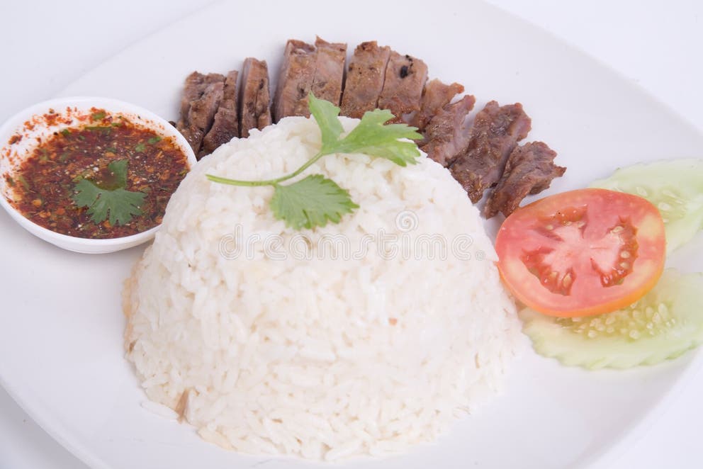 BBQ Pork Grill on Rice in Plate Stock Image - Image of slice, plate ...