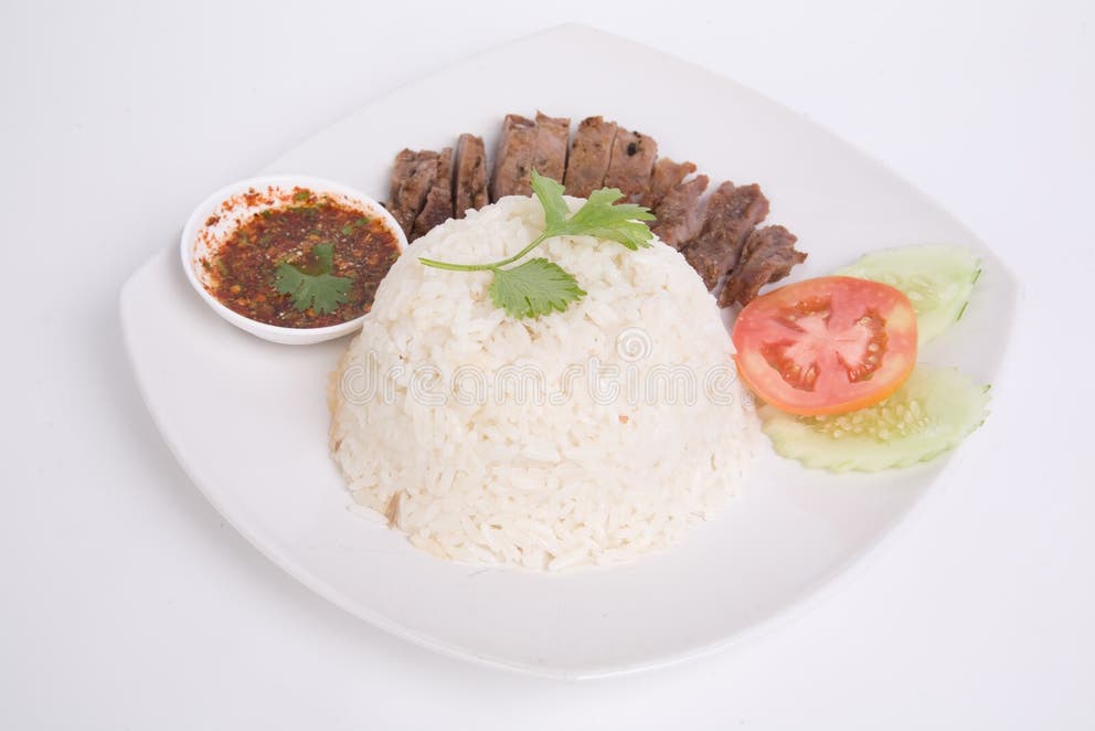 BBQ Pork Grill on Rice in Plate Stock Image - Image of roast, grill ...